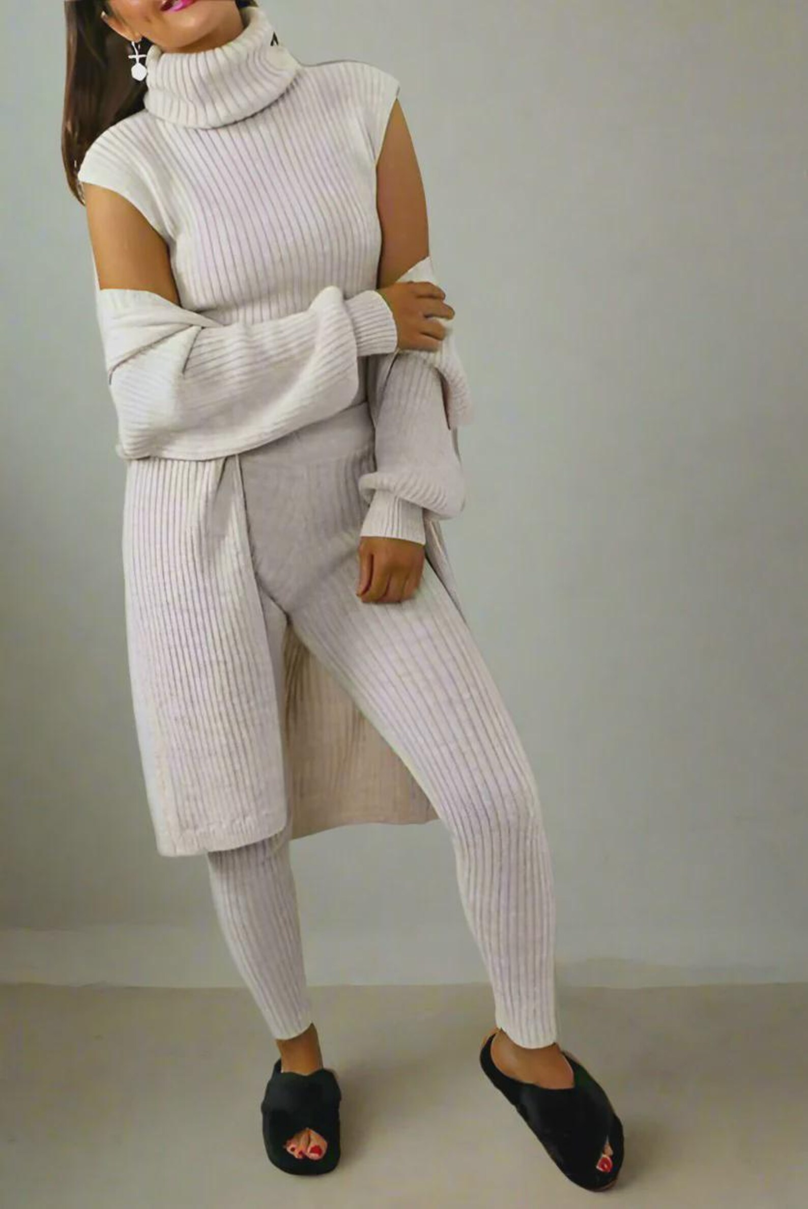 Ladies 3 Piece Suit Roll Neck Chunky Knitted Ribbed Tracksuit Lounge ...