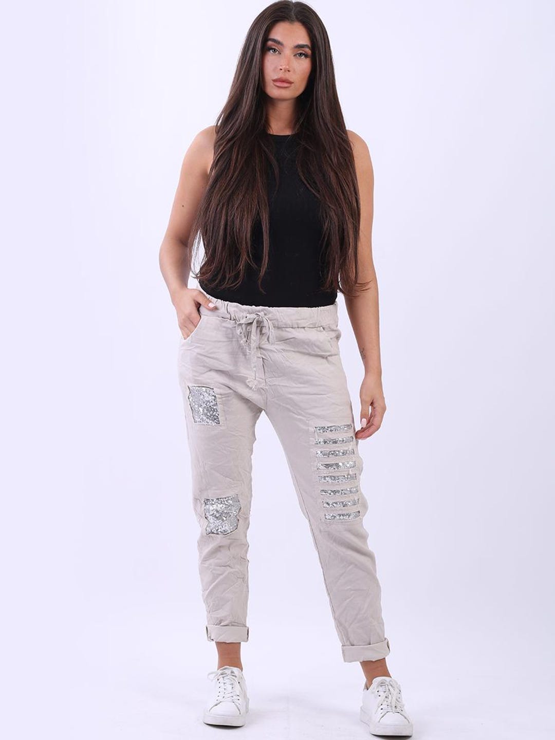 Ladies Italian Stretch Plain Sequin Patches Ripped Magic Trouser - Etsy