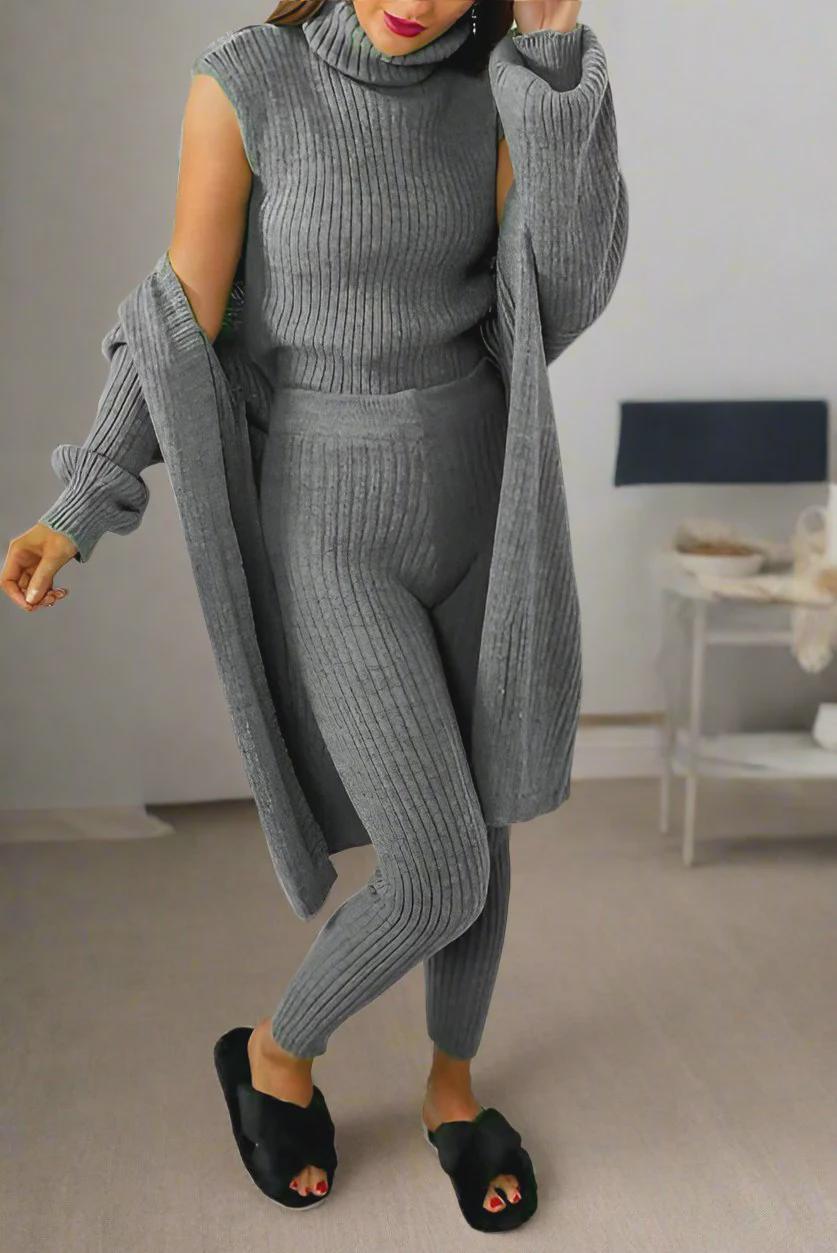 Ladies 3 Piece Suit Roll Neck Chunky Knitted Ribbed Tracksuit Lounge ...