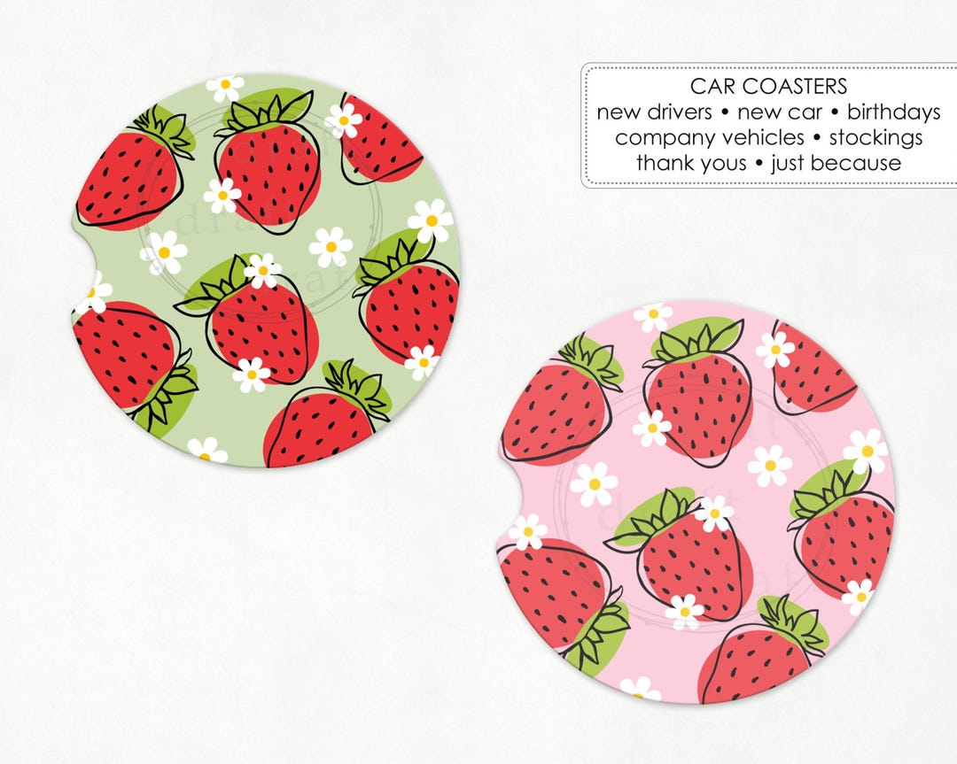 2 STRAWBERRY Car Coaster Designs • Strawberries • Berries • Round ...