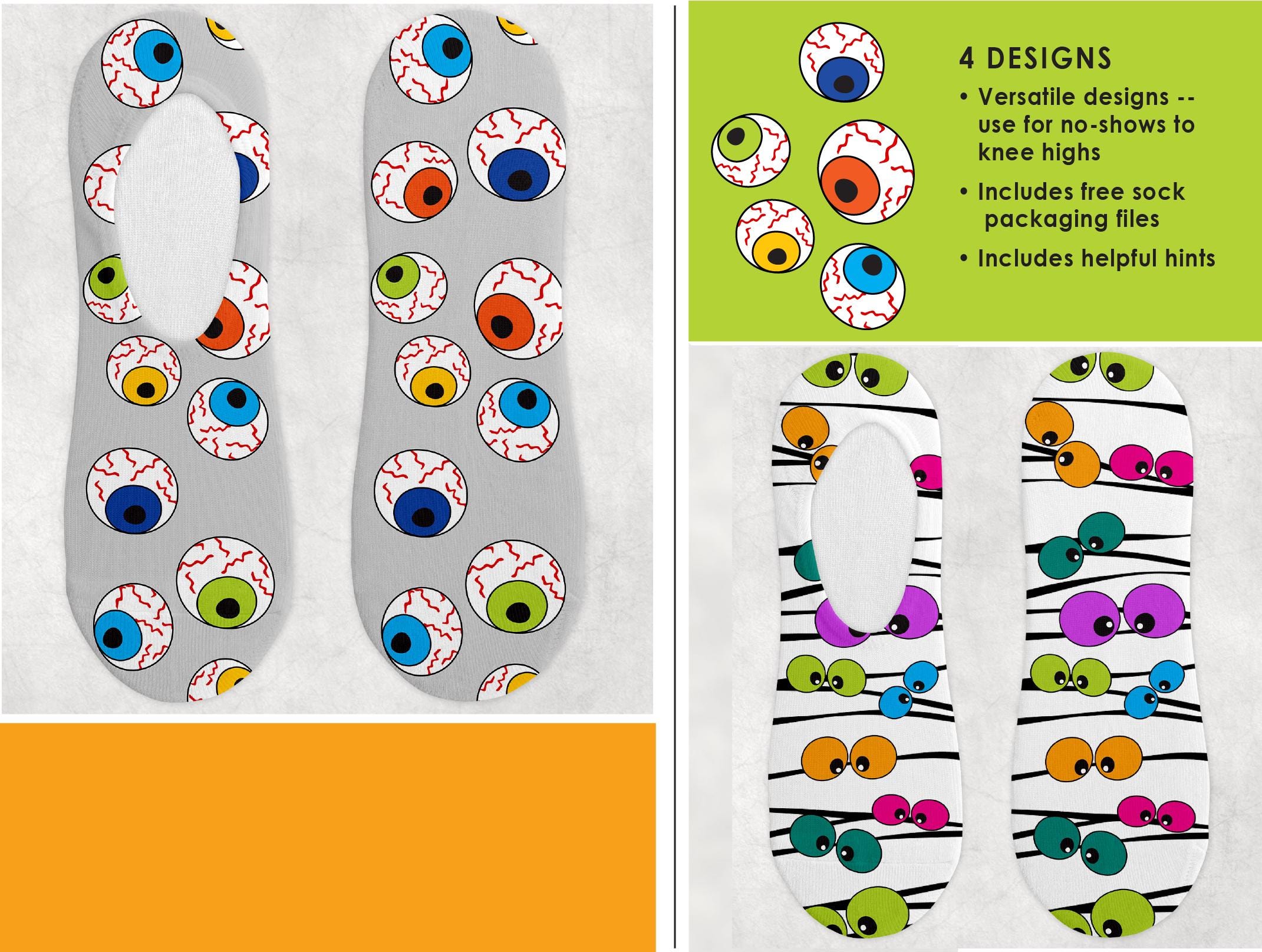 4 HALLOWEEN Sock Designs • Fun Ghosts, Eyeballs • Sublimation Digital ...