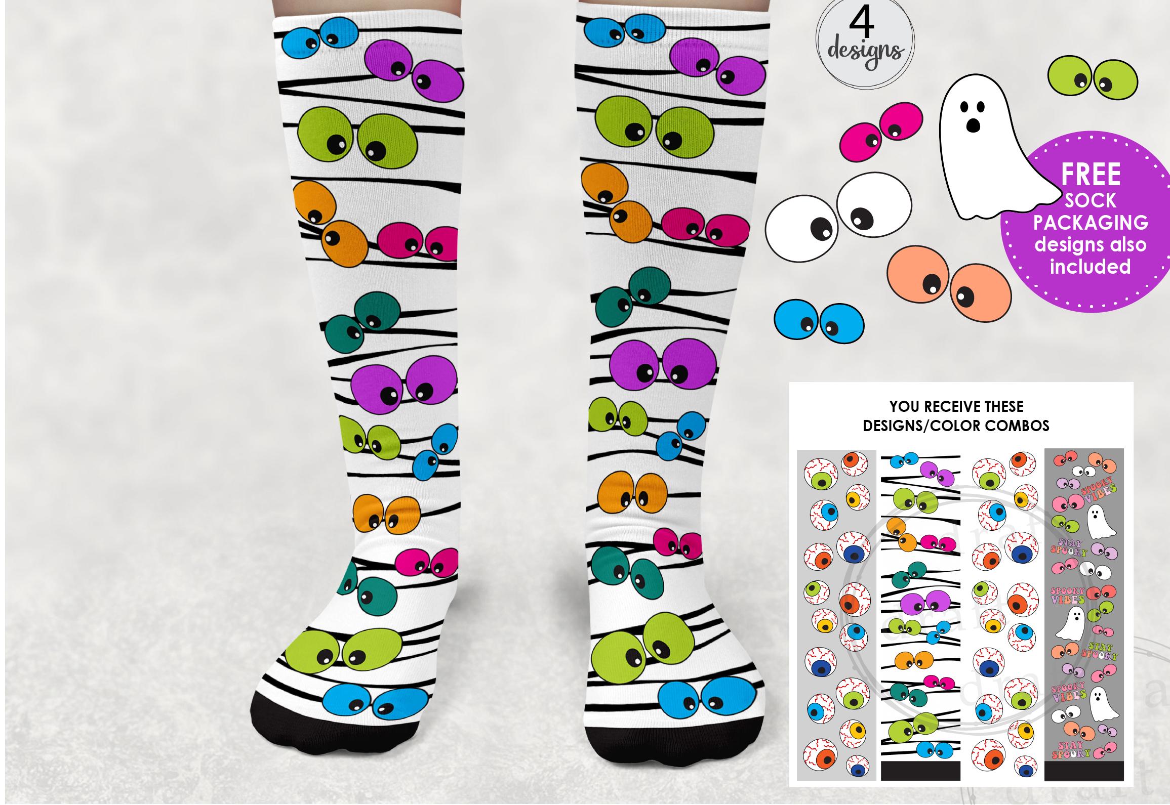 4 HALLOWEEN Sock Designs • Fun Ghosts, Eyeballs • Sublimation Digital ...