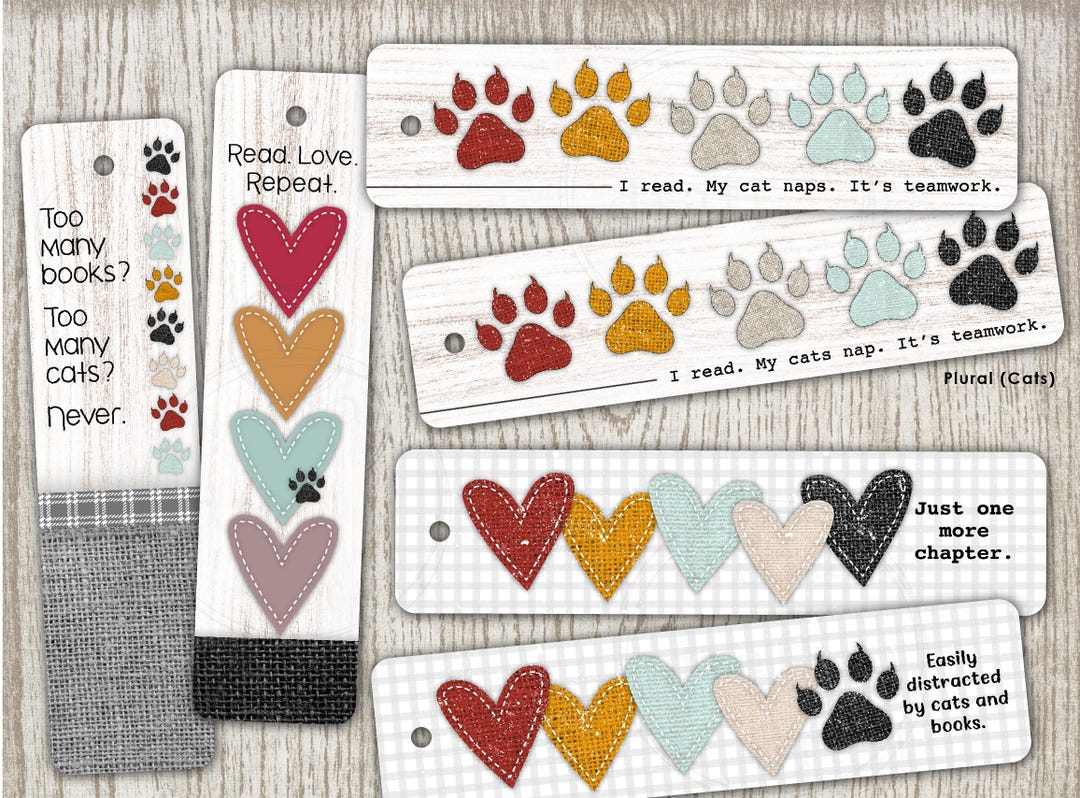 6 BOOK & CAT LOVER Bookmark Designs • Cats and Reading • Hearts • Faux ...