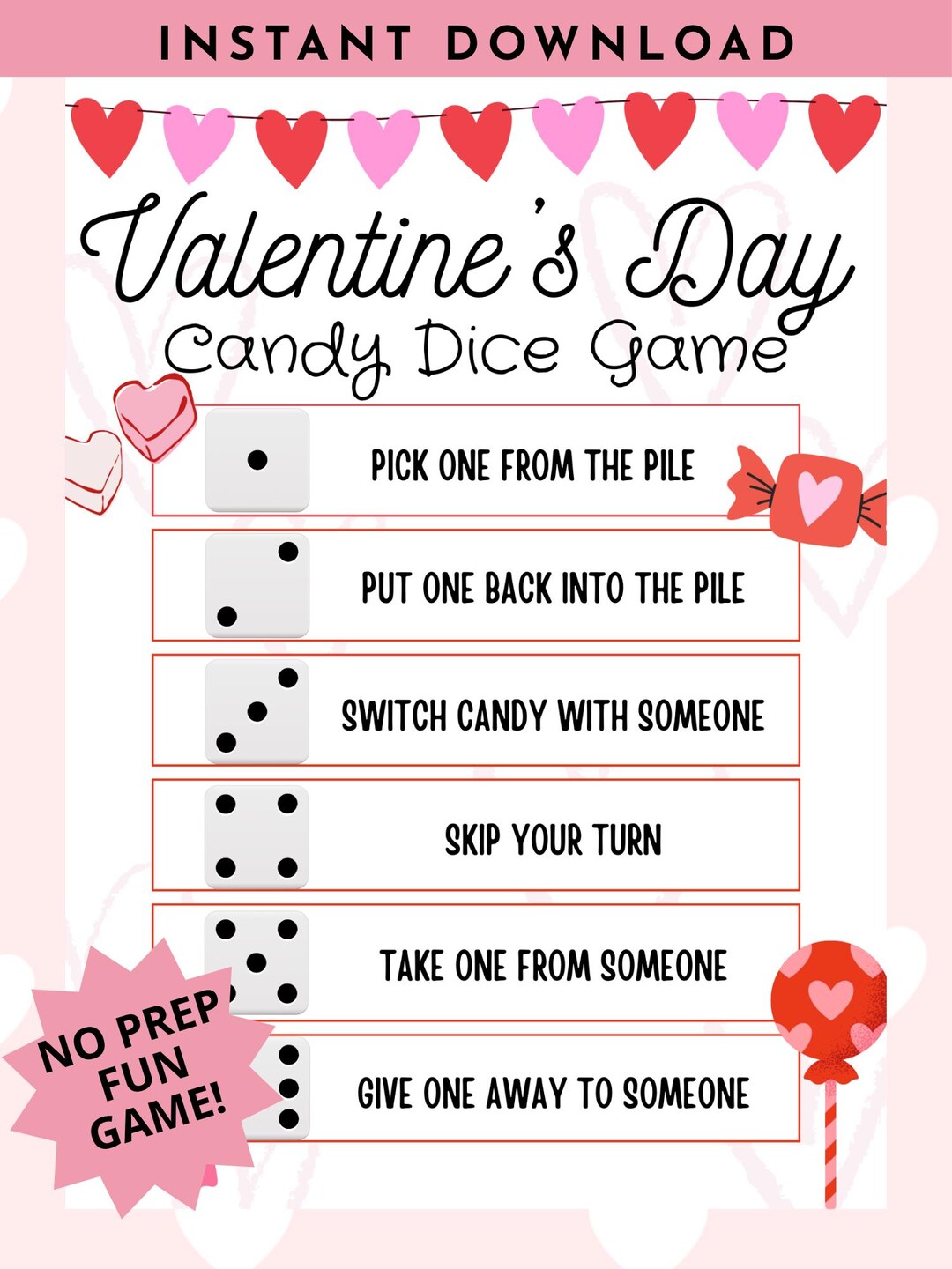 Valentine’s Day Candy Dice Game Printable | Fun Valentine Dice Game ...