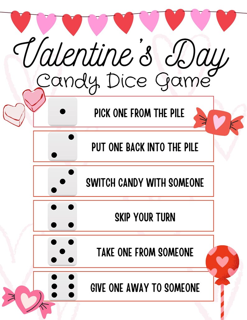 Valentine’s Day Candy Dice Game Printable | Fun Valentine Dice Game ...