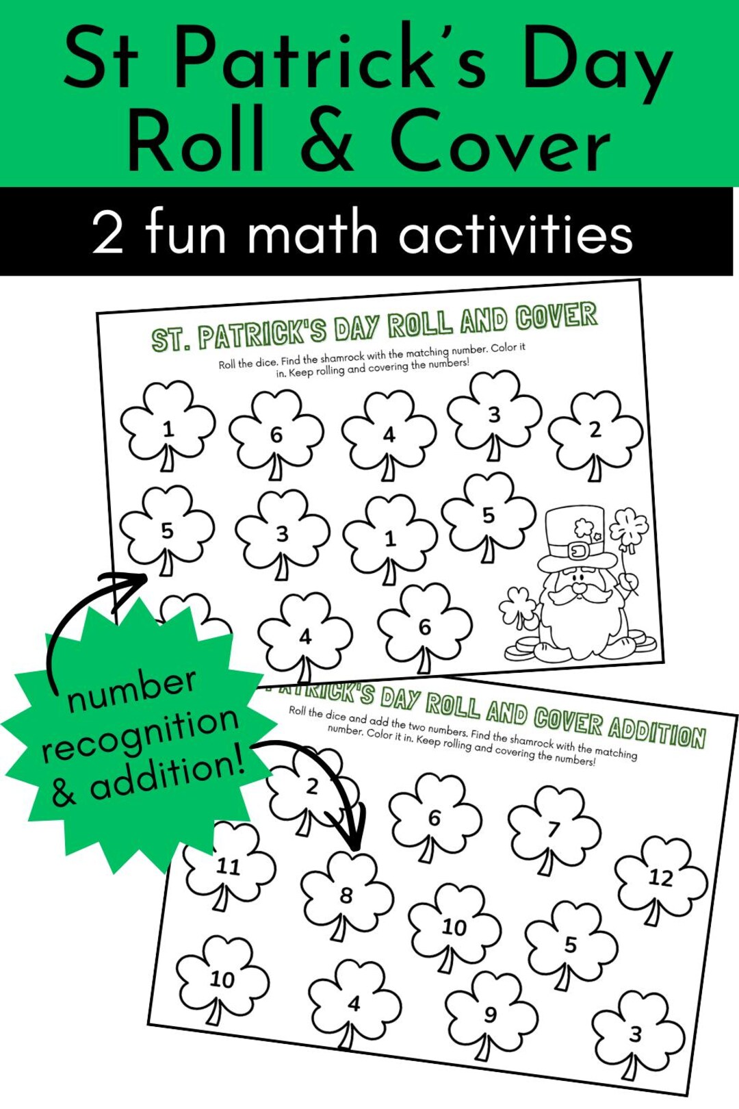 St. Patrick's Day Roll and Cover Math Game | Number Recognition ...