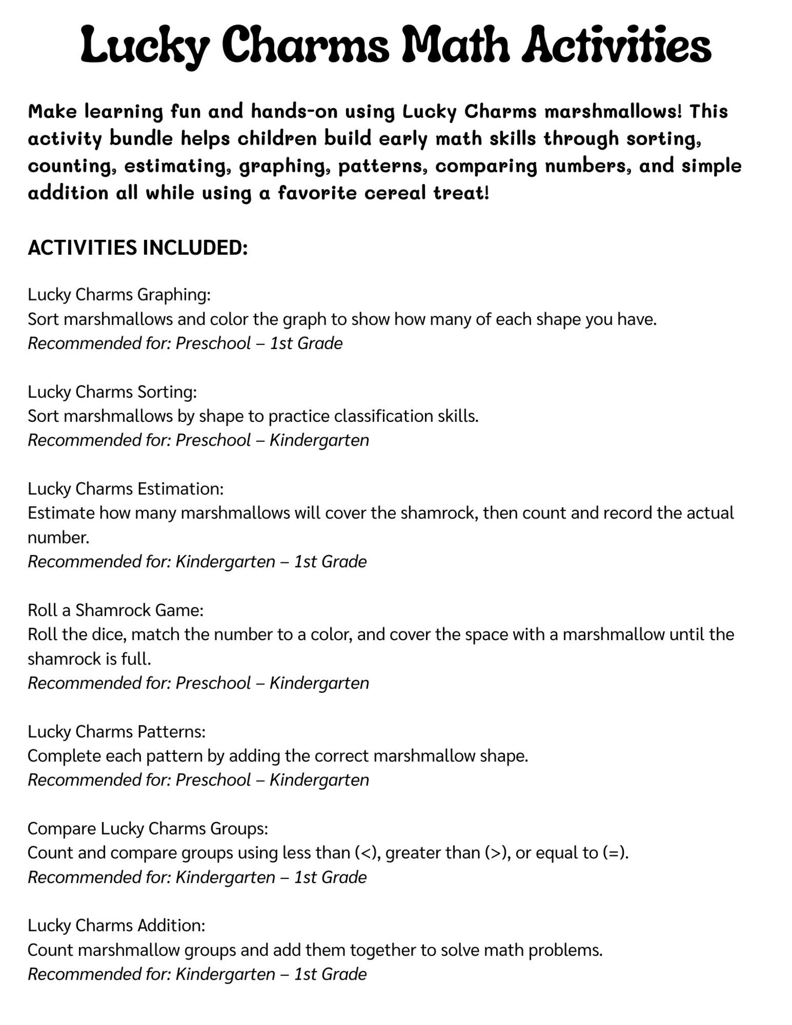 Lucky Charms Math Activities | Preschool Kindergarten Printable ...