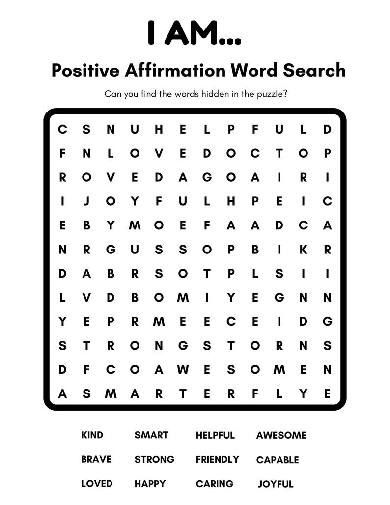 Positive Affirmation Word Search | Kids Self-esteem Activity (printable ...