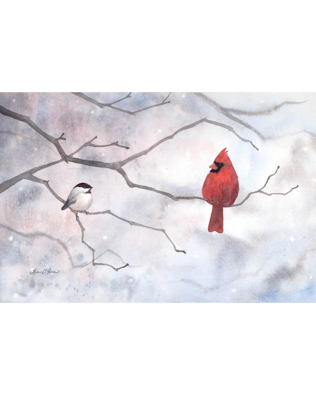 Male Cardinal & Chickadee Watercolor Print | Winter Bird Art | Backyard ...