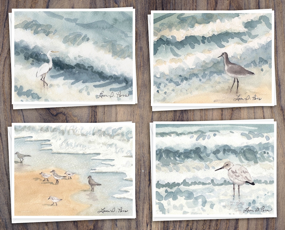8 Watercolor Note Cards | Shorebirds Art | Egret Willet Sandpiper ...