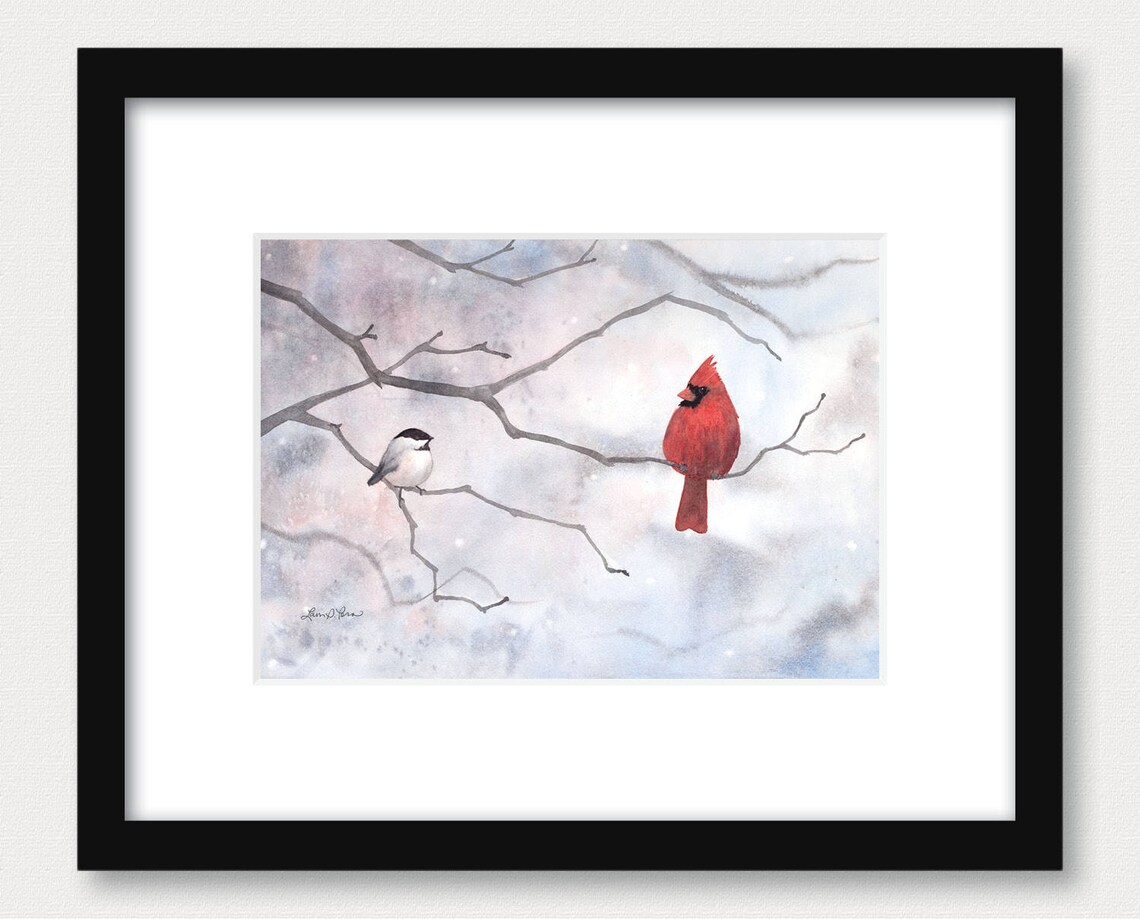 Male Cardinal & Chickadee Watercolor Print | Winter Bird Art | Backyard ...