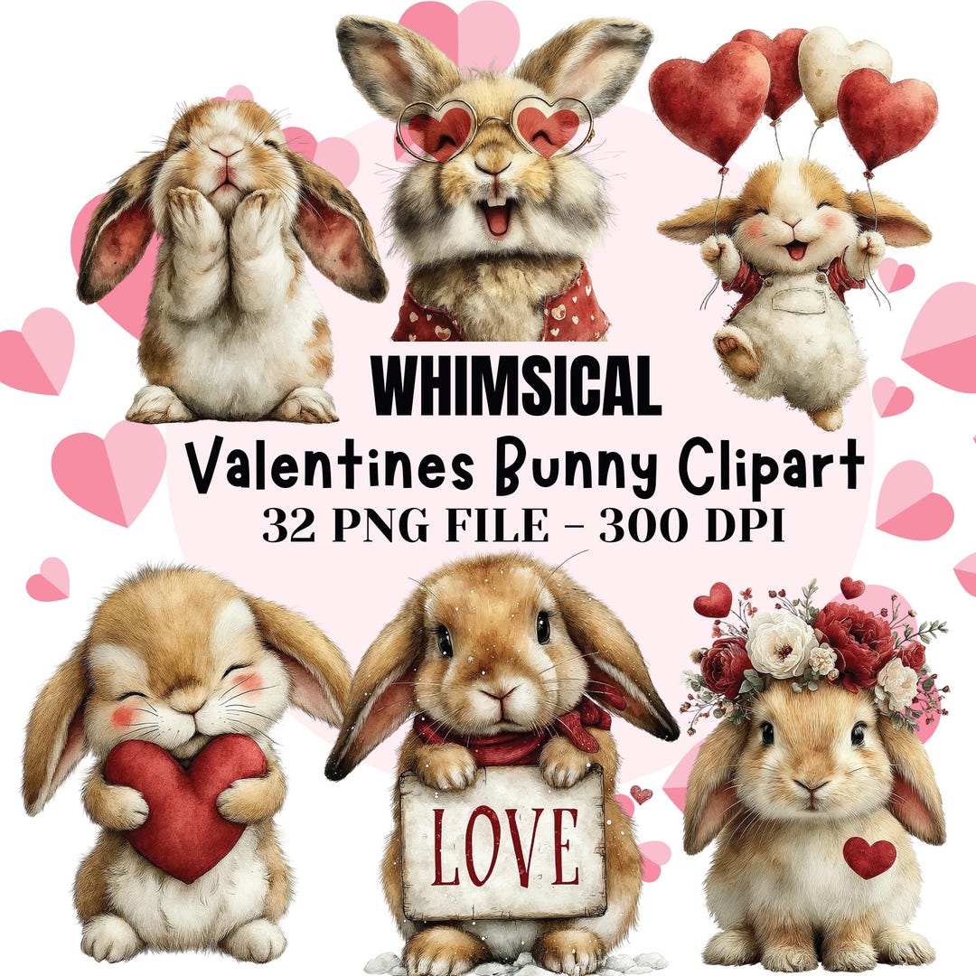 Whimsical Valentine Bunny Clipart Bundle, Cute Bunny Love PNG ...