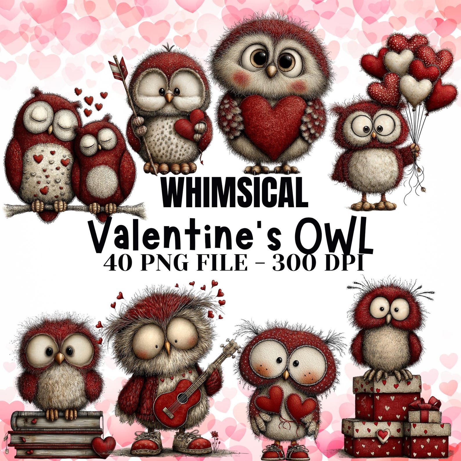 Whimsical Valentines Owls Clipart Bundle, Cute Valentine Owl PNG, Love ...