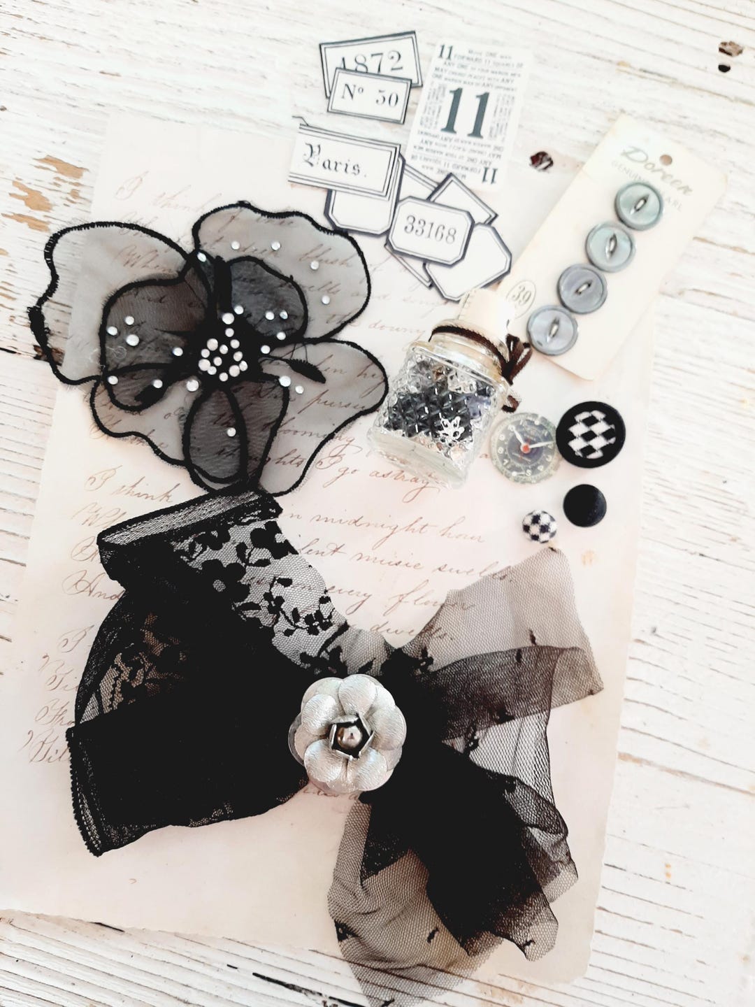 The Elegant Black Sampler Inspiration Kit Applique Buttons Lace Trims ...
