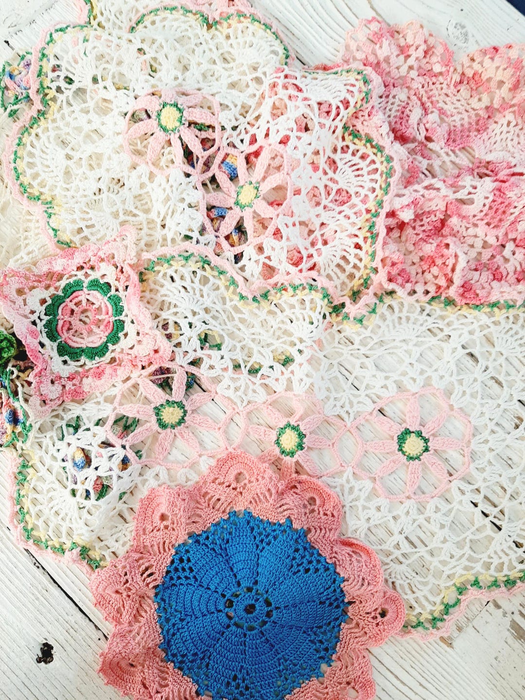 Lot of 8 Handmade Crocheted Dollies, Varies Sizes Pretty Pink and Green ...