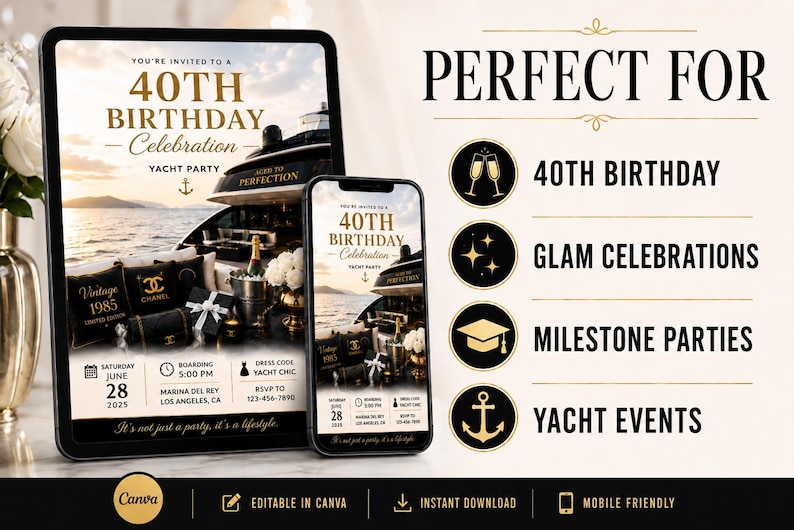 40th Birthday Yacht Invitation Template | Luxury Boat Party | Editable ...