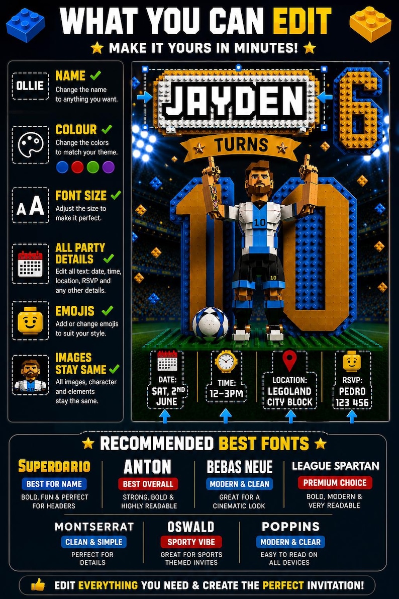 Editable Soccer 6th Birthday Invitation Canva Template, Football ...