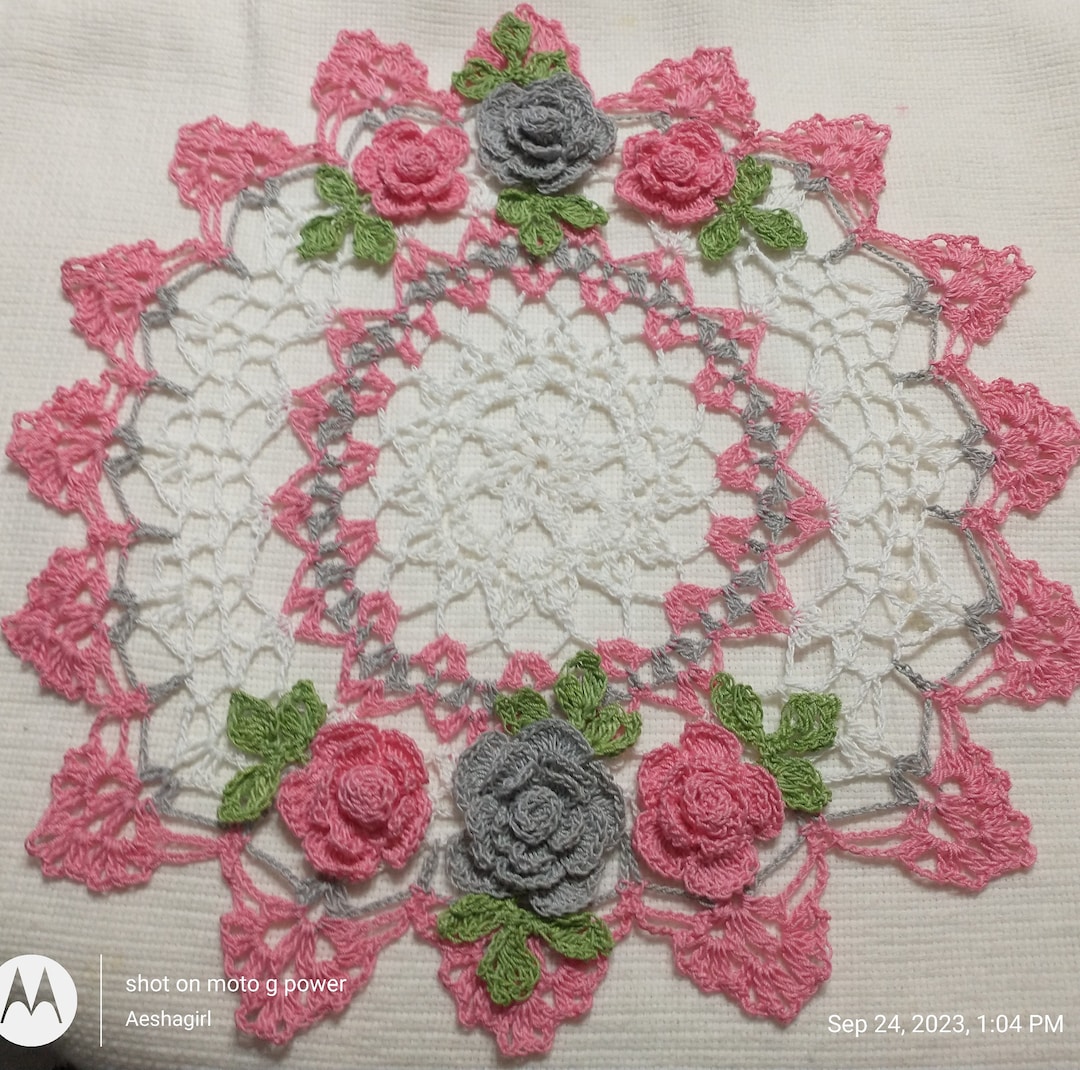 French Pink and Gray Roses Crocheted Doily Home Decor Handmade in USA ...