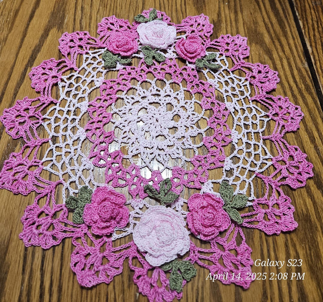 Pink Roses Crocheted Doily Home Decor Hand Dyed and Handmade by ...