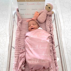 Flowy Script Font Baby Name Swaddle Blanket Set, Chic Elegant Newborn ...