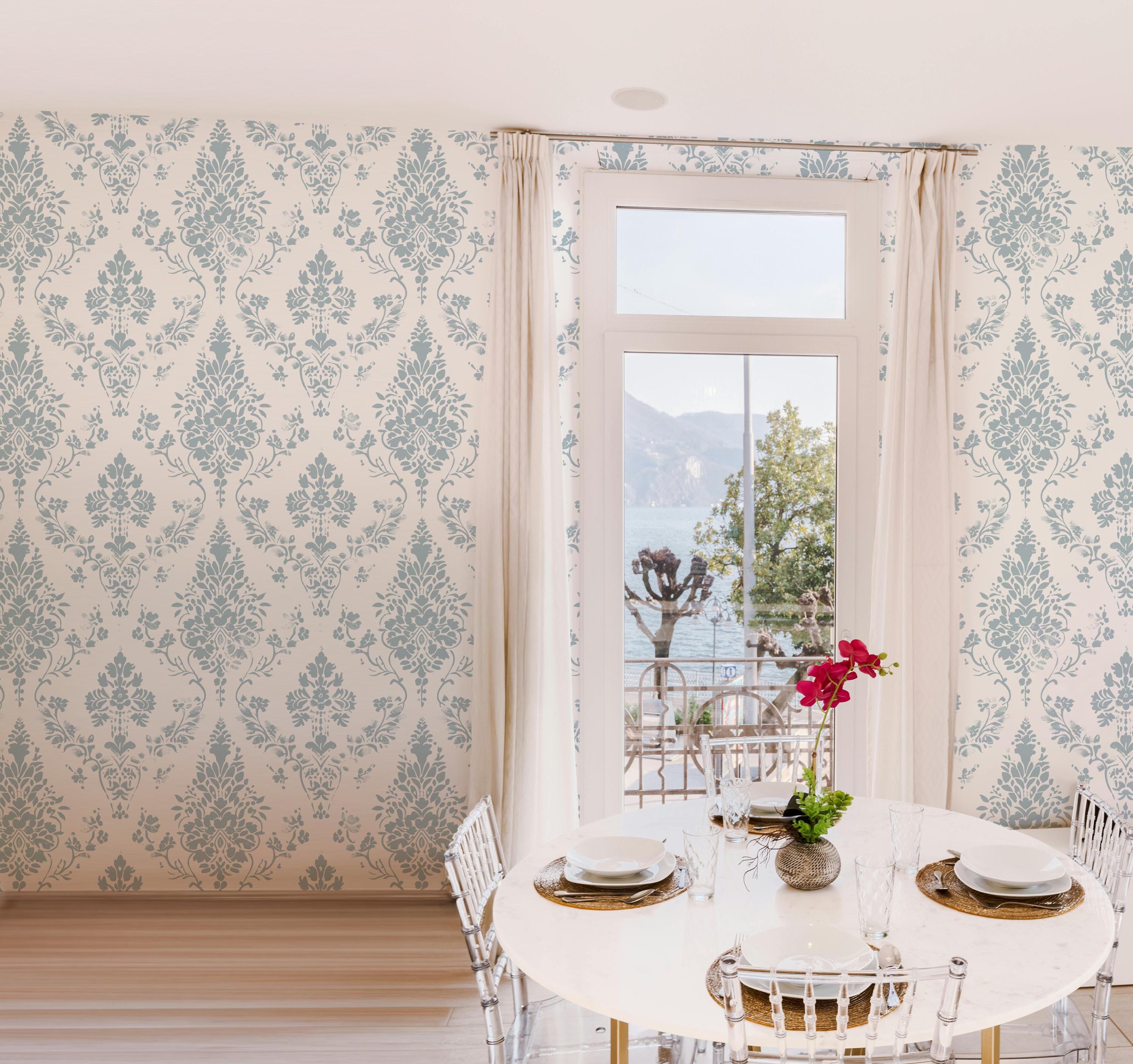 Dusty Blue Damask Wallpaper Peel and Stick, Victorian Style Wall Mural ...