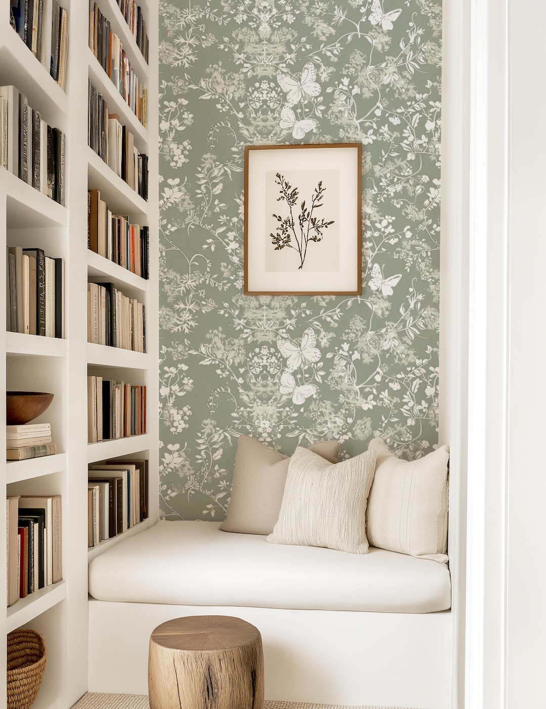 Delicate Flower Vine With Butterflies Wallpaper, Sage Green Vintage ...