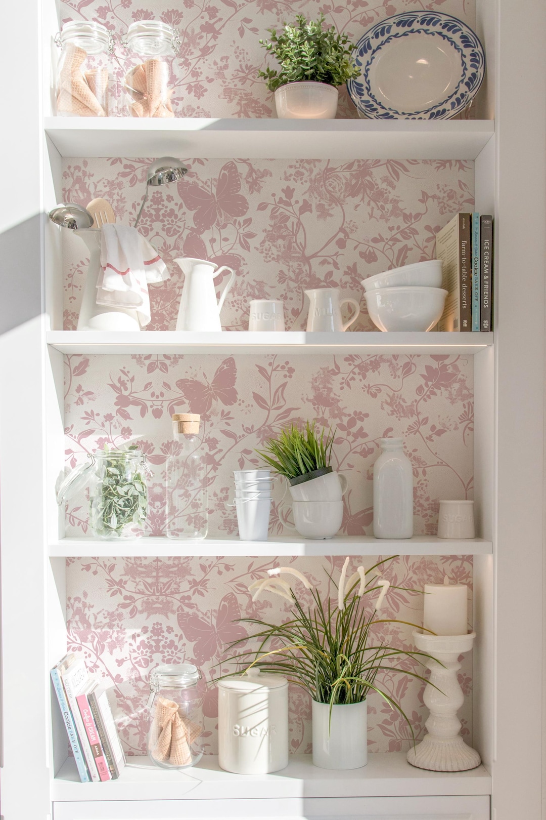 Delicate Flower Vine With Butterflies Wallpaper, Mauve Pink Vintage ...