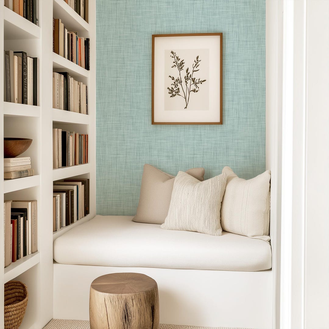 Aqua Linen Pattern Wallpaper, Traditional or Peel and Stick Removable ...