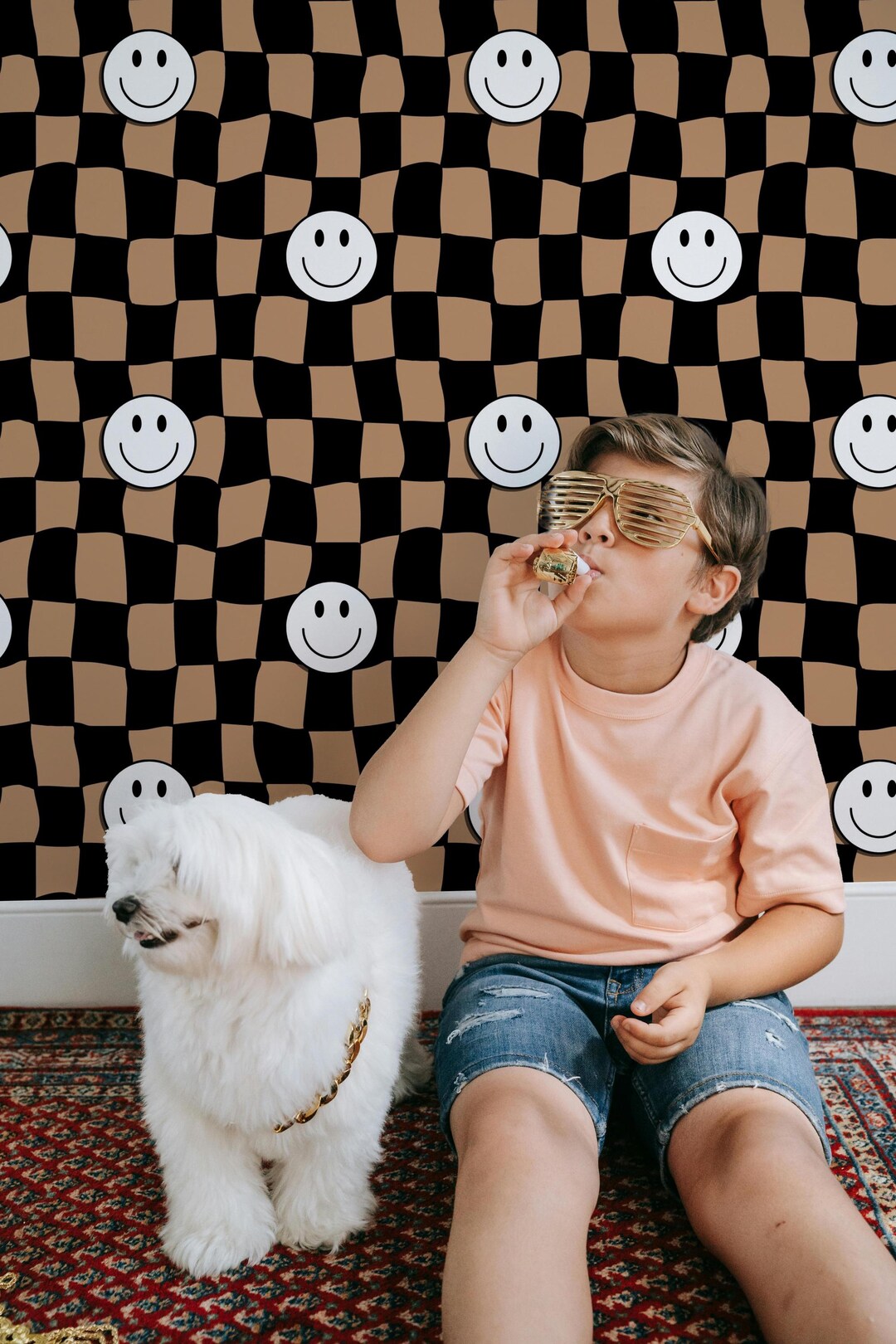 Smile Face Wavy Checkered Wallpaper, Check Wallpaper Tan Copper Black ...