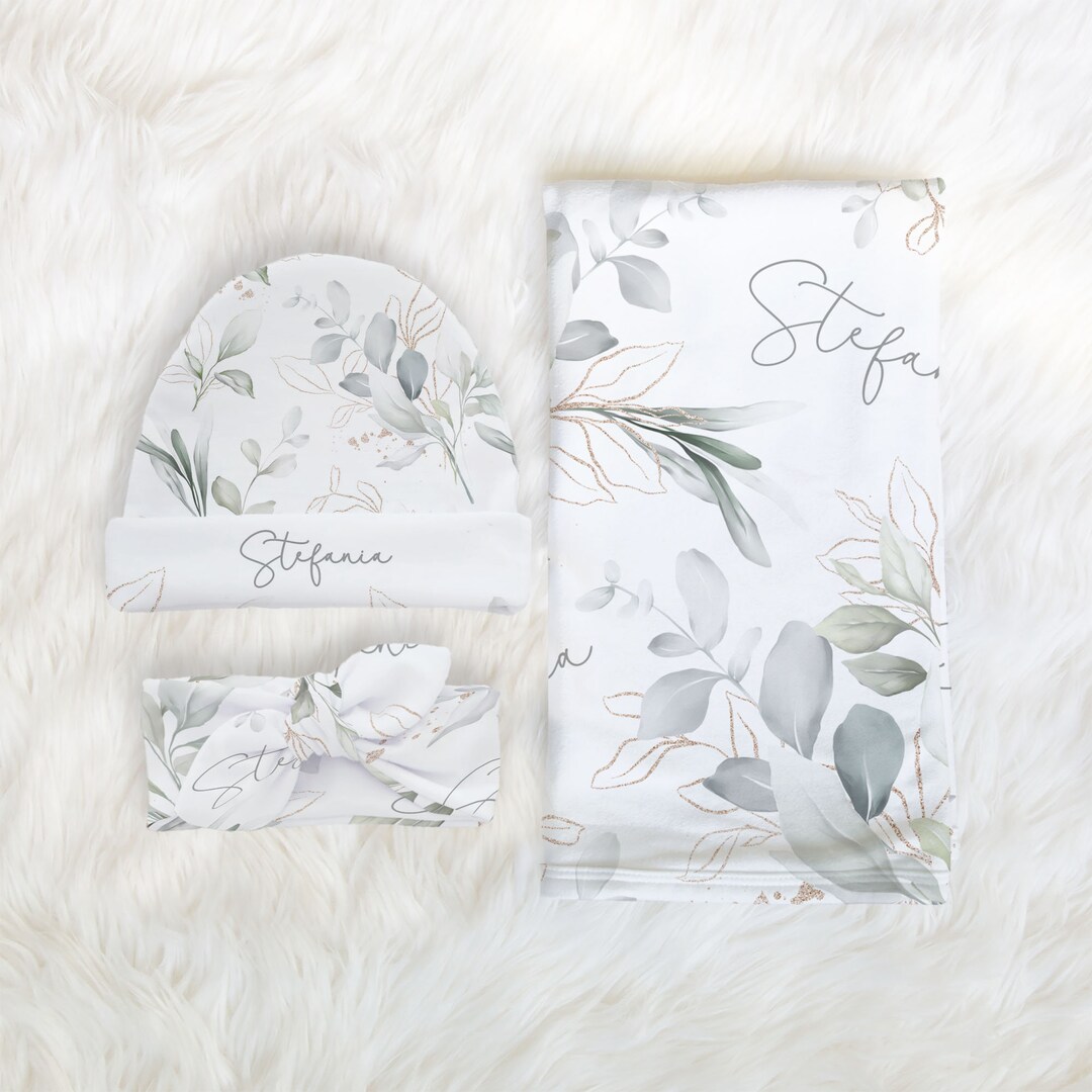 Greenery Gold Eucalyptus Swaddle Blanket Headband Hat / Personalized Name Swaddle / Watercolor ...