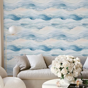 Abstract Blue Ocean Waves Wallpaper, Beach Coastal Nautical Tropical ...