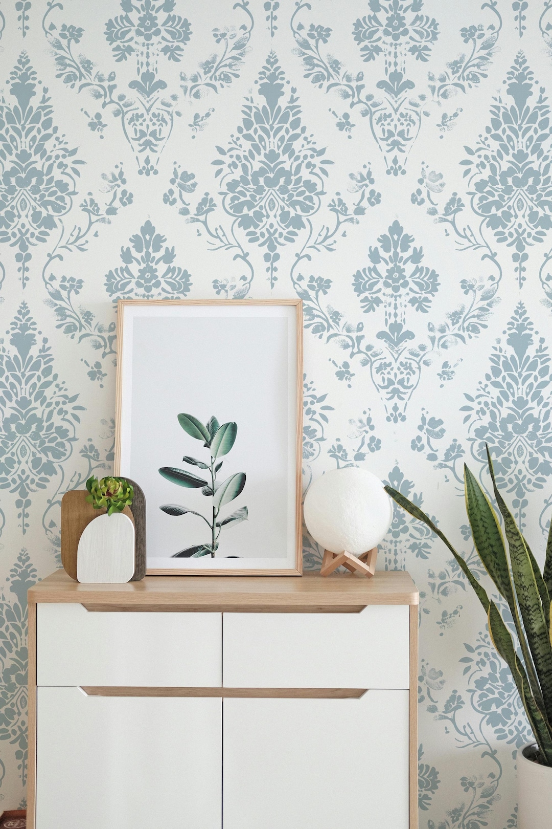 Dusty Blue Victorian Damask Wallpaper, Peel and Stick Removable, Powder ...