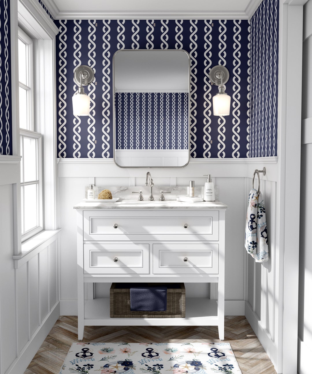 Nautical Rope Wallpaper, Navy and White Geometric Pattern, Modern ...