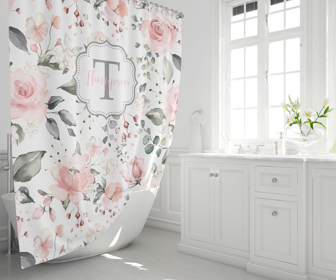 Personalized Pink Rose Shower Curtain / Rose Floral / Extra Long Shower ...