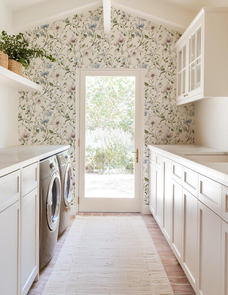 Romantic Soft Floral Vine Wallpaper, Watercolor Pink and Blue Flowers ...