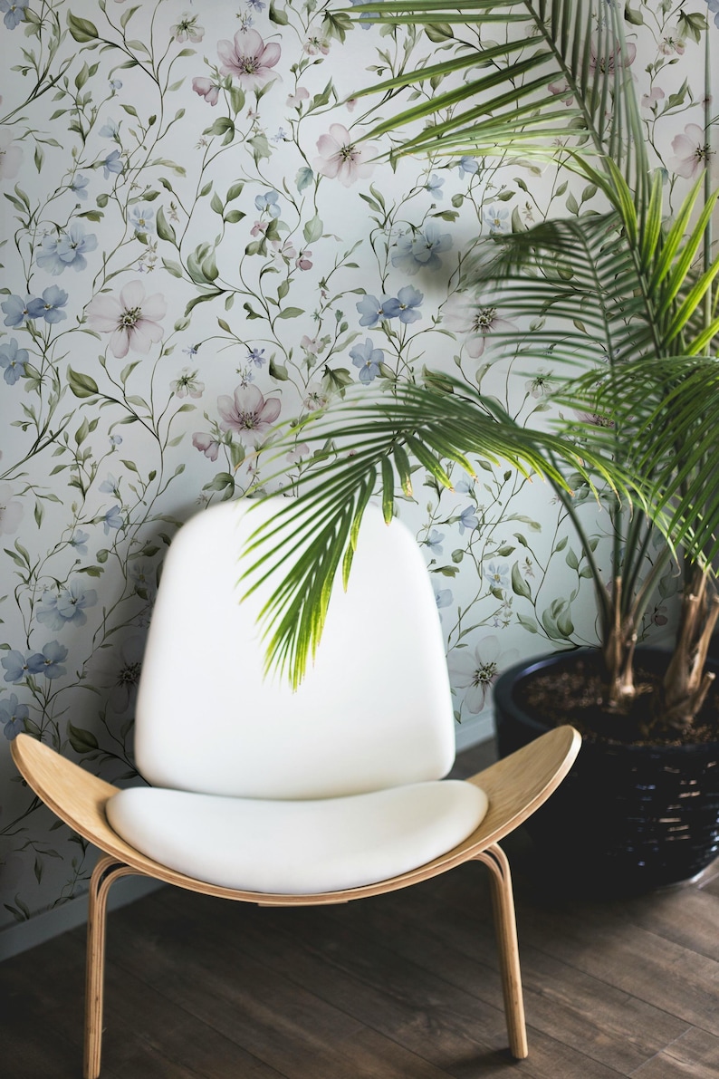 Romantic Soft Floral Vine Wallpaper, Watercolor Pink and Blue Flowers ...