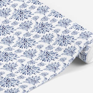 Watercolor Blue Floral Wallpaper, Navy Blue Stamp Look, Small Scale ...