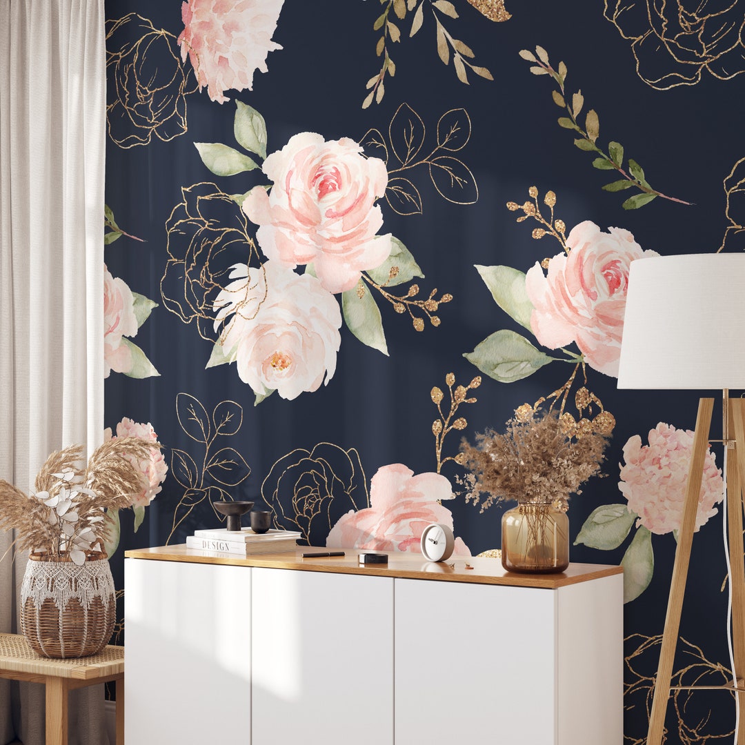 Navy and Pink Floral Rose Wallpaper, Peel and Stick Removable ...