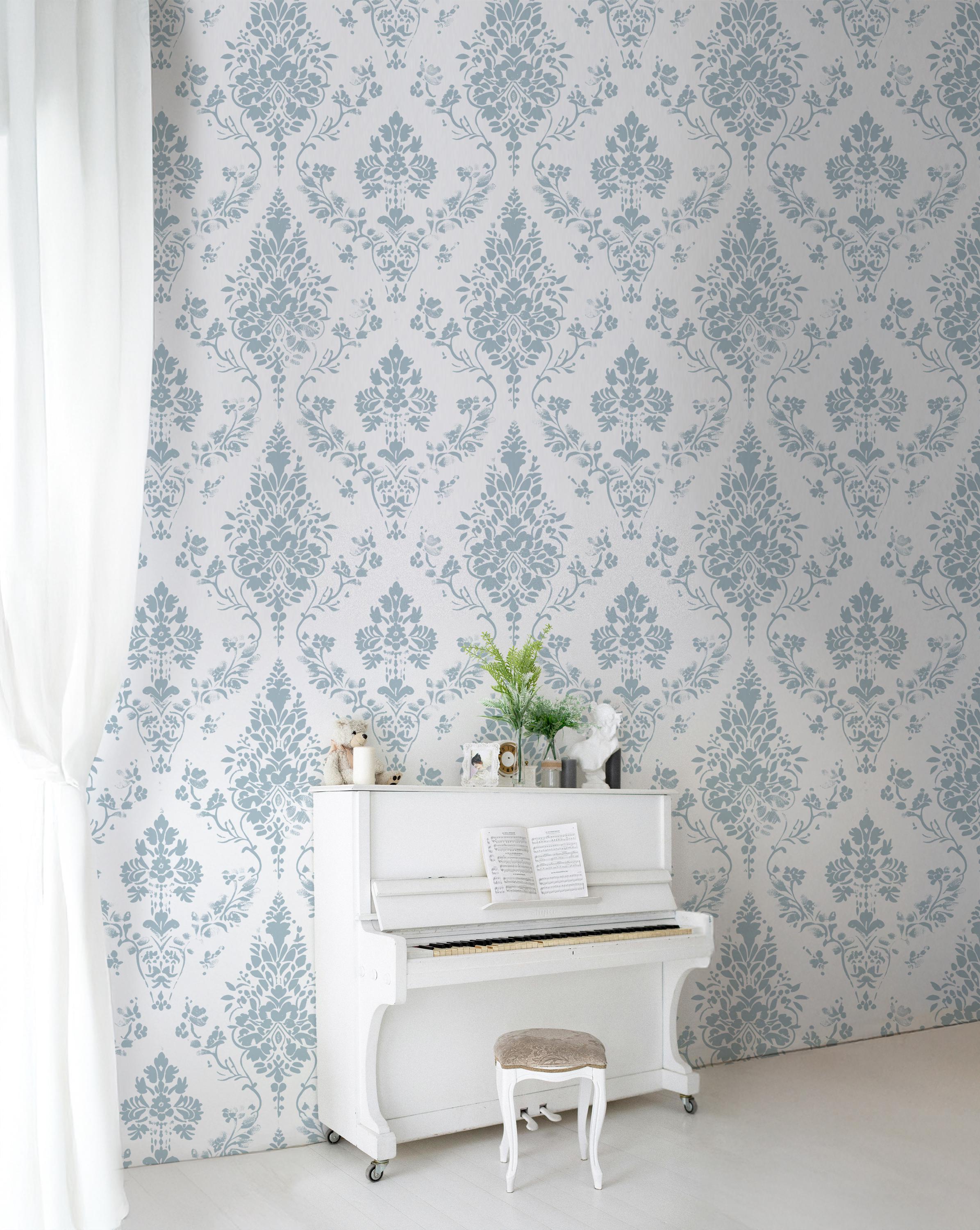 Dusty Blue Damask Wallpaper Peel and Stick, Victorian Style Wall Mural ...