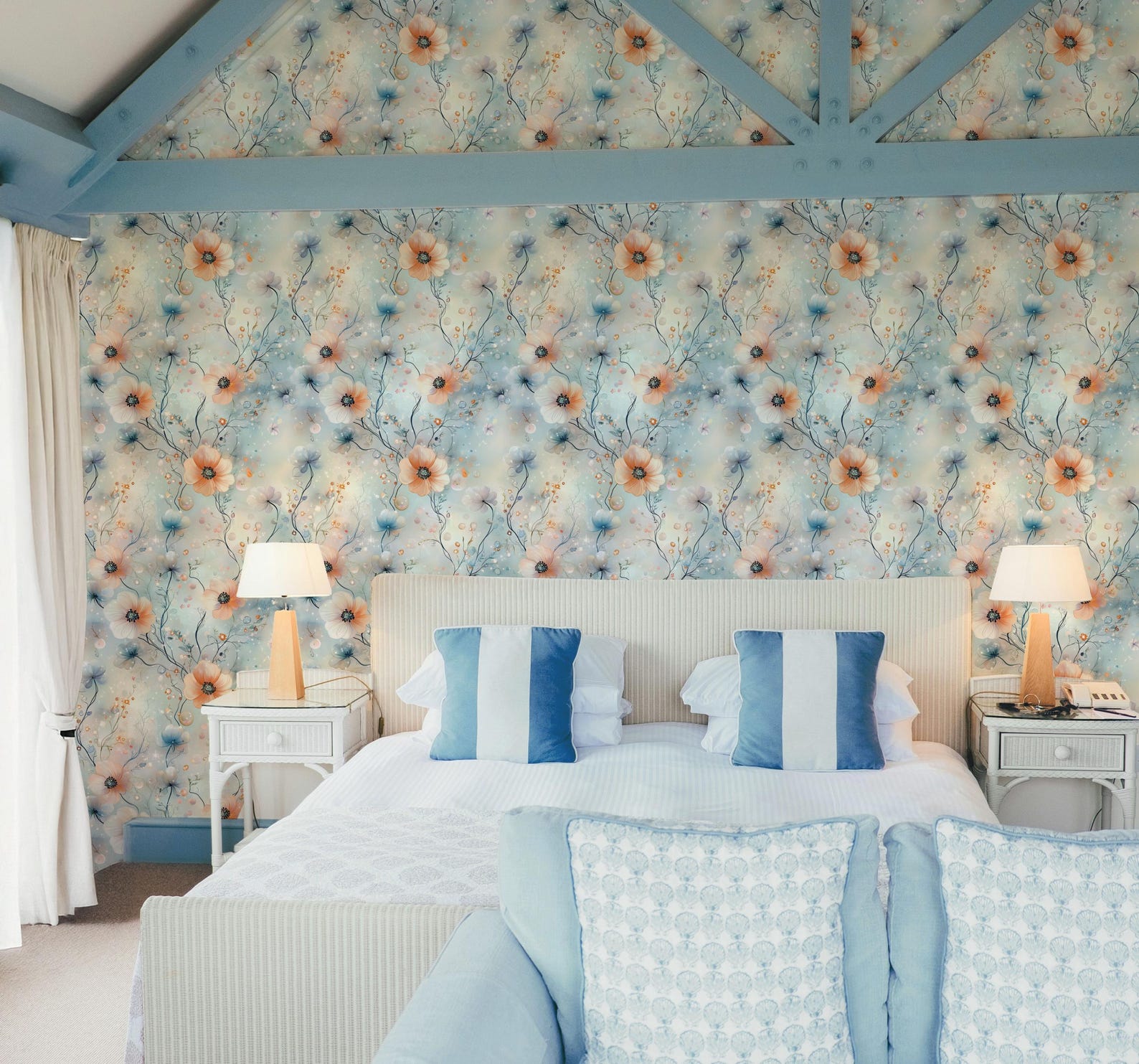 Ocean Blooms Floral Wallpaper, Beach Coastal Nautical, Soft Blue Peach ...