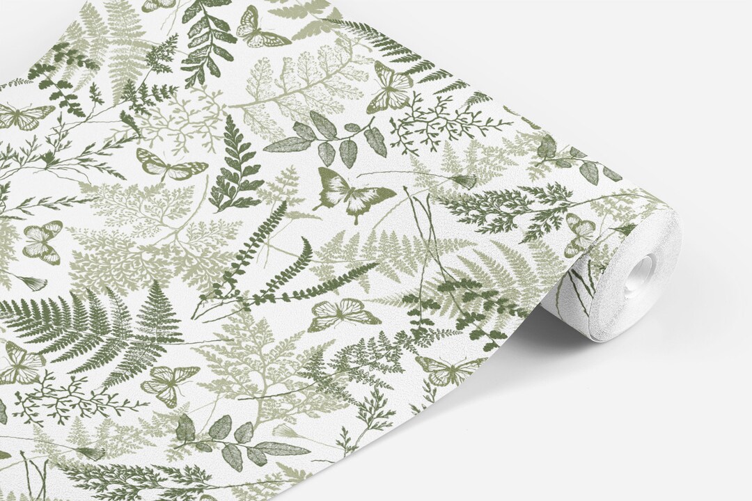 Green Botanical Pressed Flower Wallpaper, Butterfly Greenery Plant ...