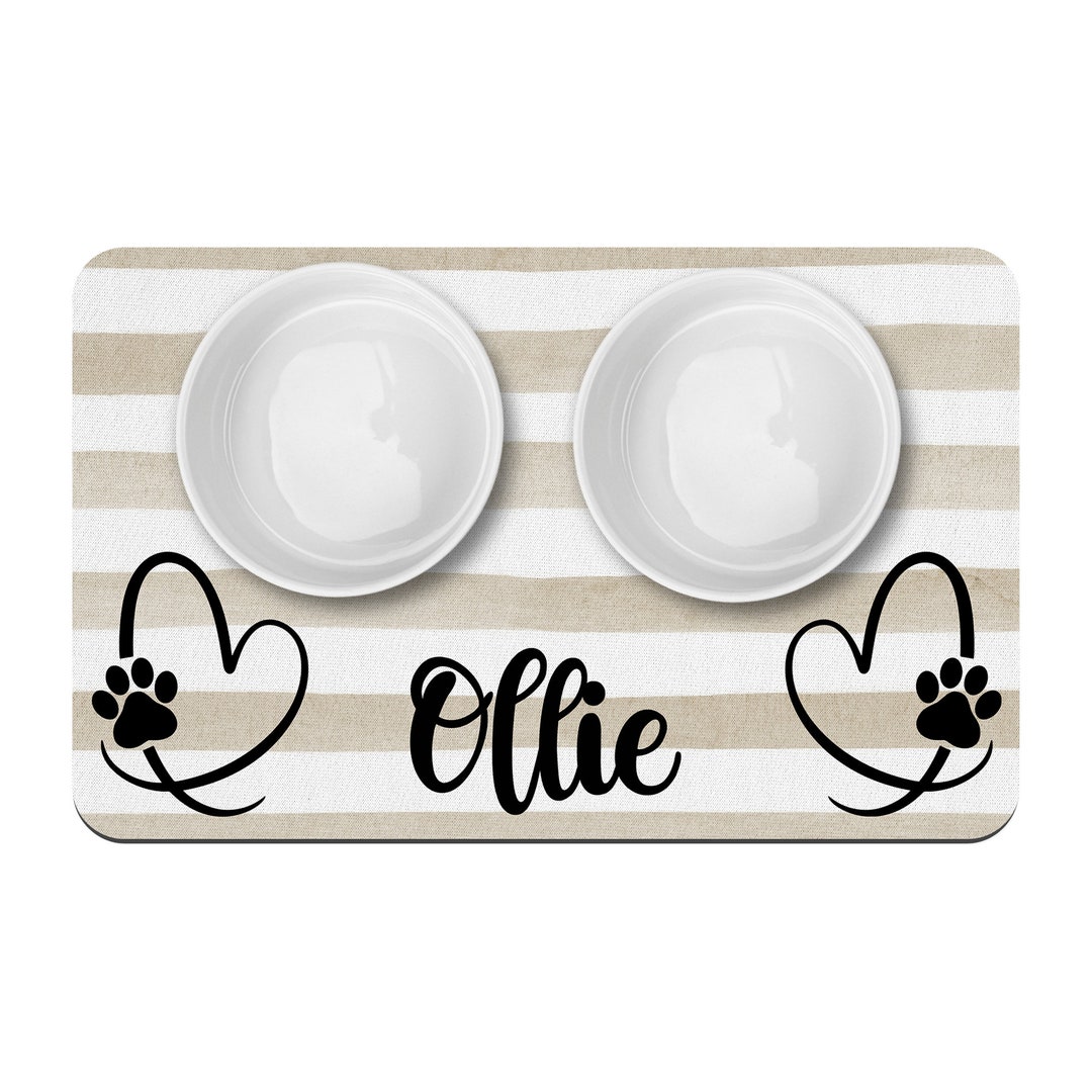 Paw Prints in Heart and Tan Beige Stripe Personalized Pet Mat / Pet ...
