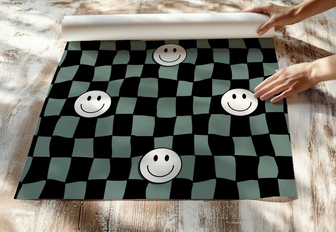 Rad Smiley Face Wavy Checkered Wallpaper, Check Wallpaper Jade Green ...