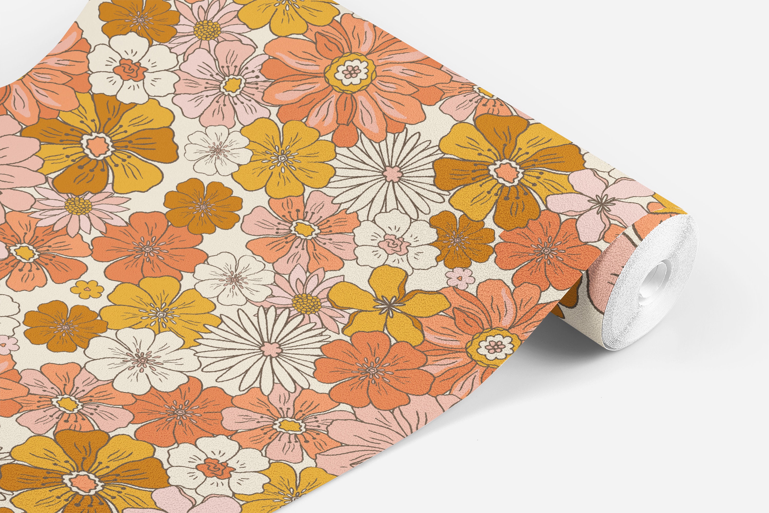 Pink Coral Orange Groovy Retro Botanical Floral Wallpaper / - Etsy