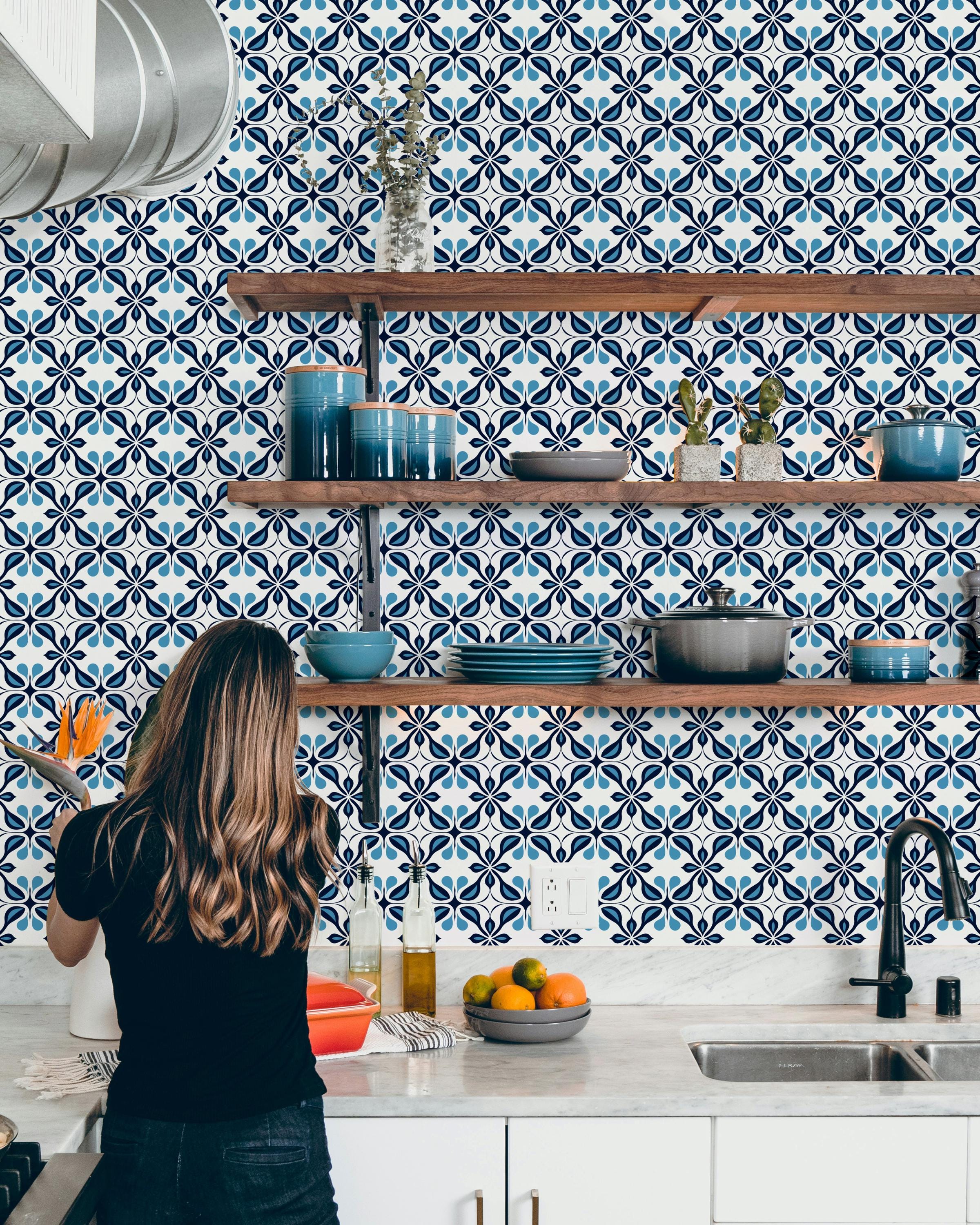 Blue Moroccan Tile Pattern Wallpaper, Blue Black White, Peel and Stick ...