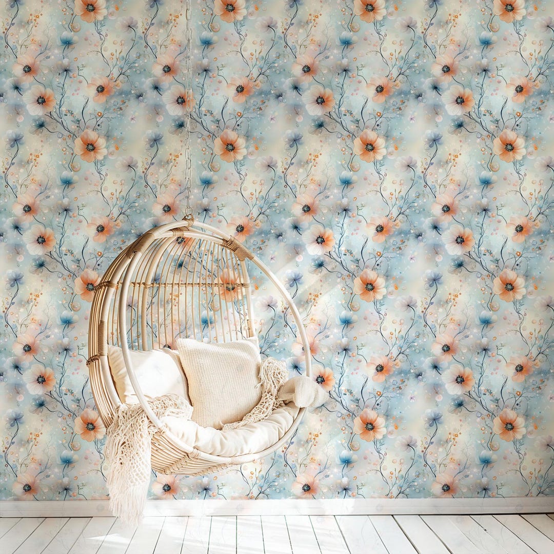 Ocean Blooms Floral Wallpaper, Beach Coastal Nautical, Soft Blue Peach ...
