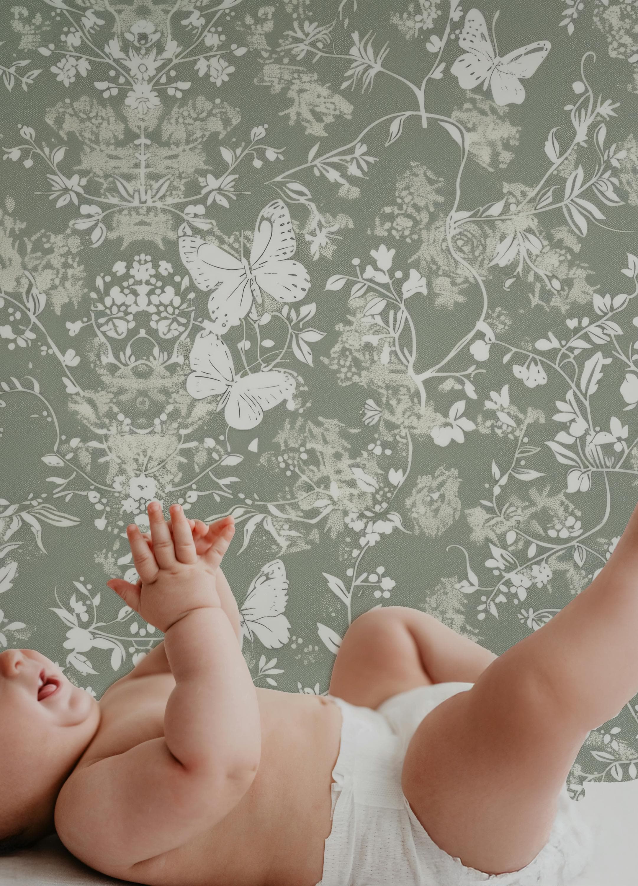 Delicate Flower Vine With Butterflies Wallpaper, Sage Green Vintage ...