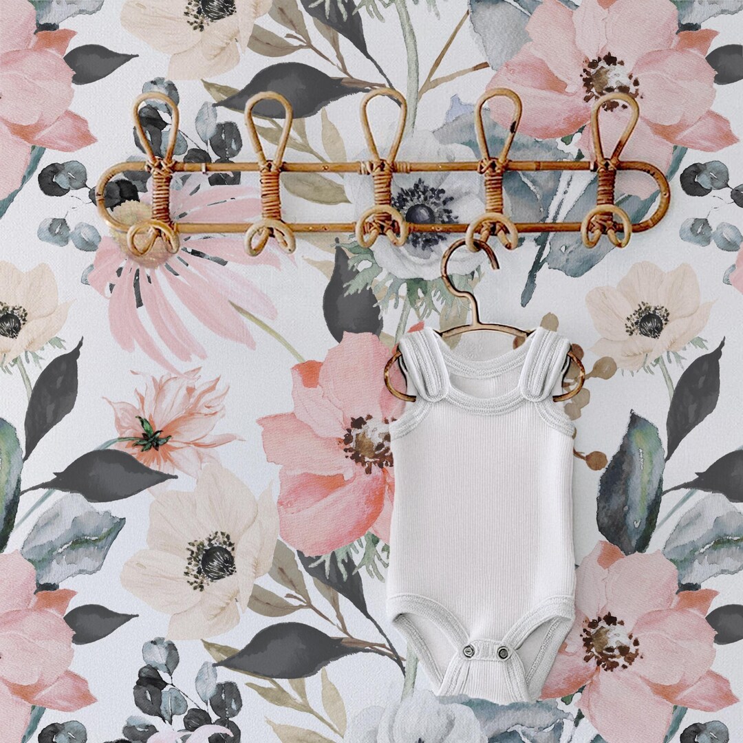 Pink and Grey Floral Wallpaper, Peel and Stick Removable, Baby Girl ...