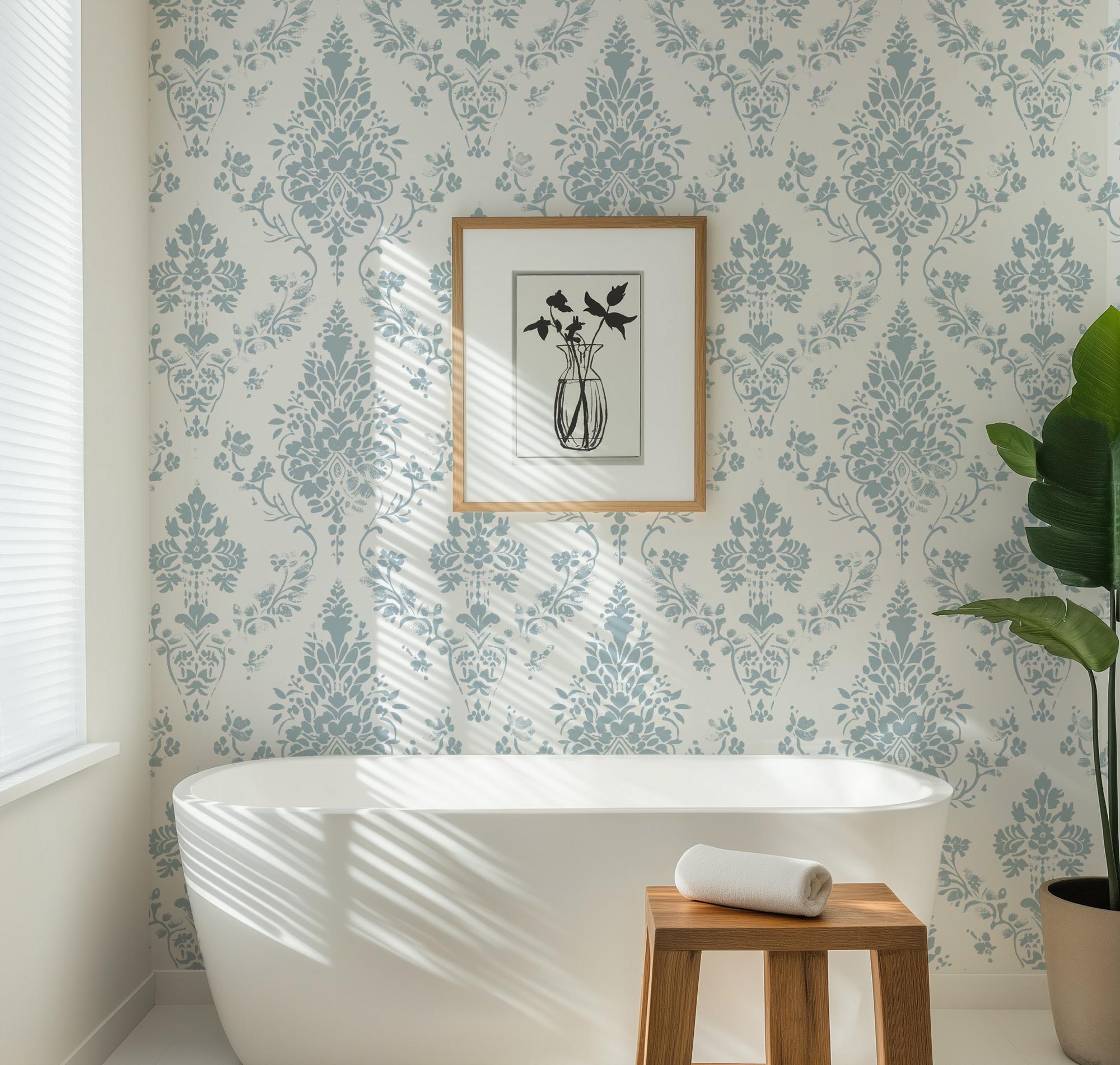 Dusty Blue Damask Wallpaper Peel and Stick, Victorian Style Wall Mural ...