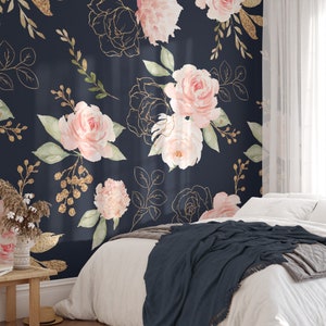 Navy and Pink Floral Rose Wallpaper, Peel and Stick Removable ...